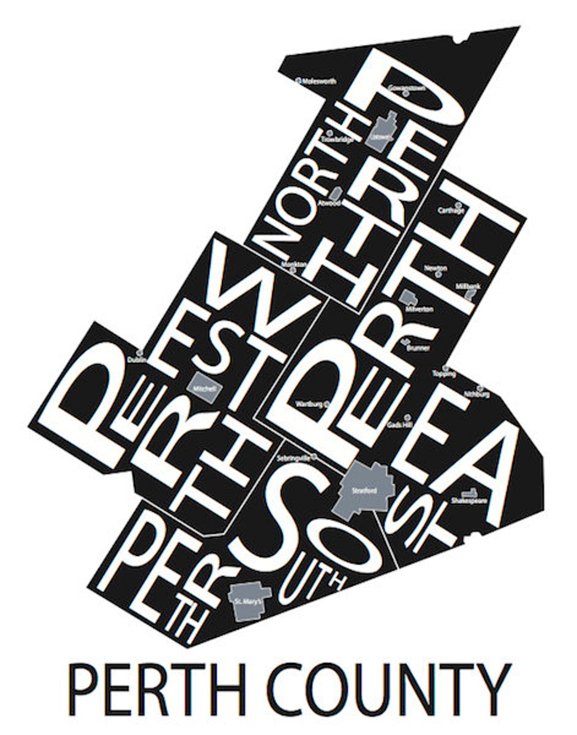 Typographic Map of Perth County Ontario County Map Print | Etsy Canada