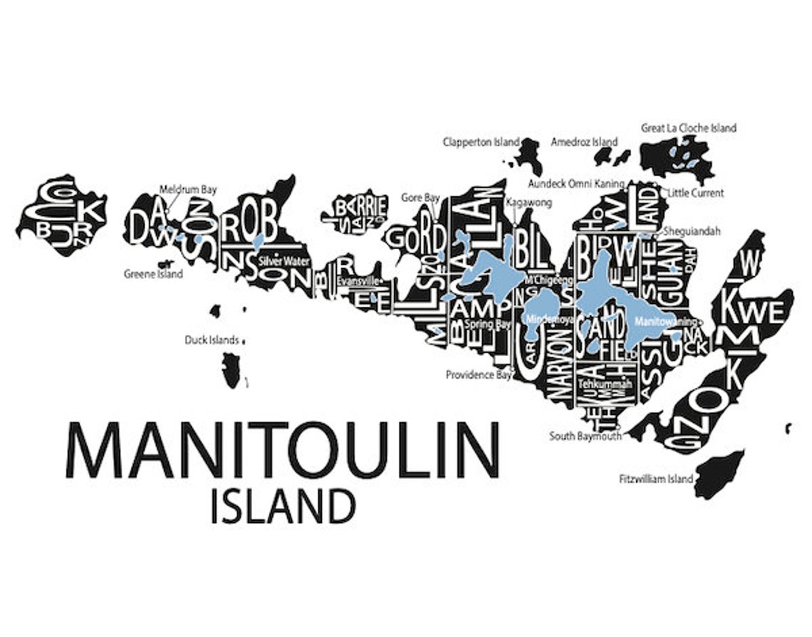 Typographic Map of Manitoulin Island | Manitoulin Map | Ontario Island ...