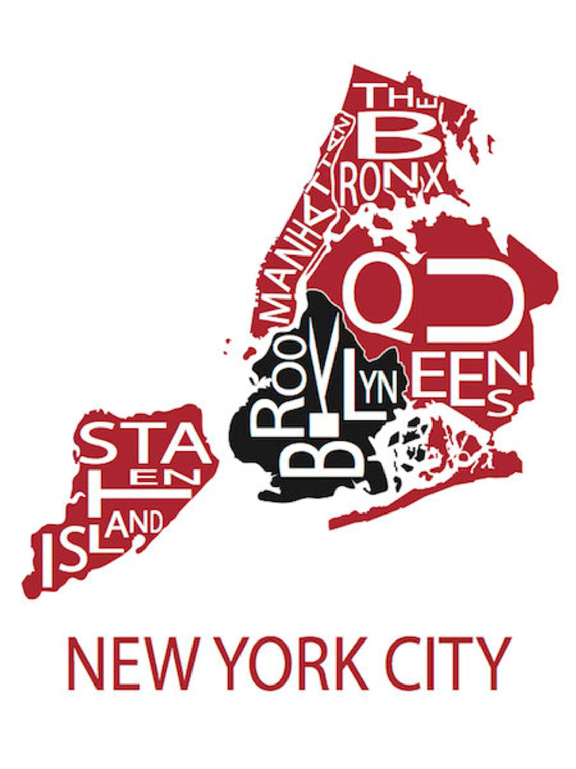 Typographic Map of New York City New York Boroughs of NYC - Etsy