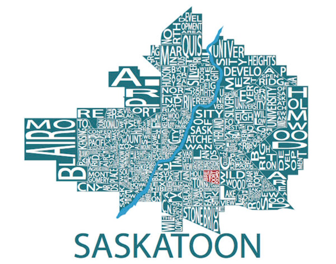 Typographic Map of Saskatoon Saskatchewan Canada | Etsy Canada
