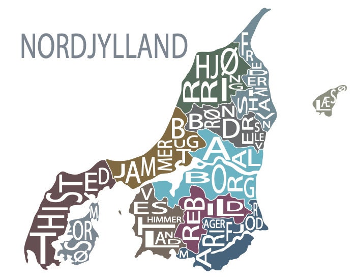 Typographic Map of Nordjylland | North Jutland Region in Denmark ...