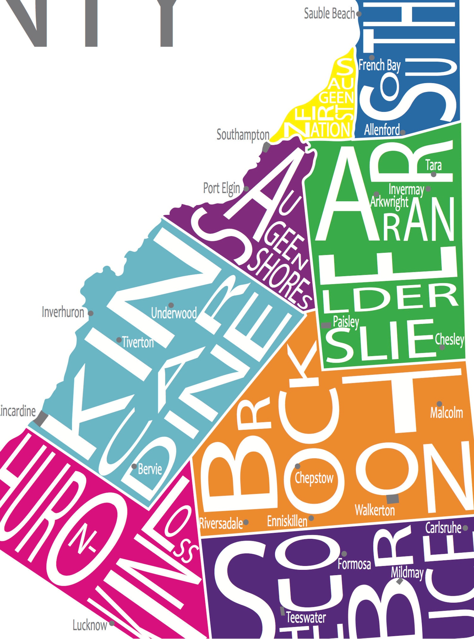 Typographic Map of Bruce County, Ontario | County Map Print | Lake ...