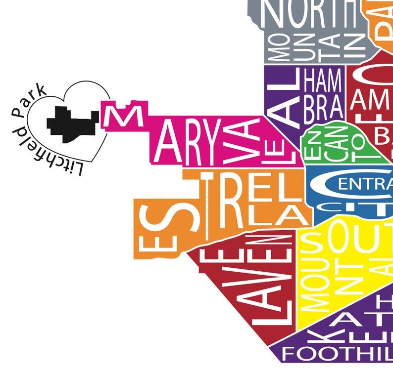 Typographic Map of Phoenix, Arizona | Urban Villages Map | Neighborhood ...