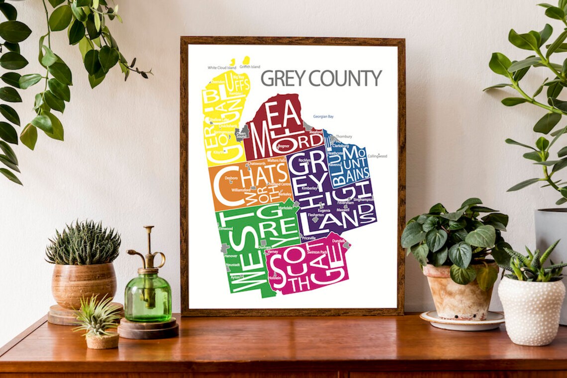 Typographic Map of Grey County | Georgian Bay Area Map | Ontario County ...
