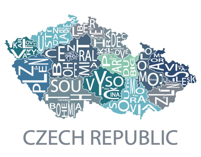 Typographic Map of the Czech Republic Czechoslovakia Map - Etsy
