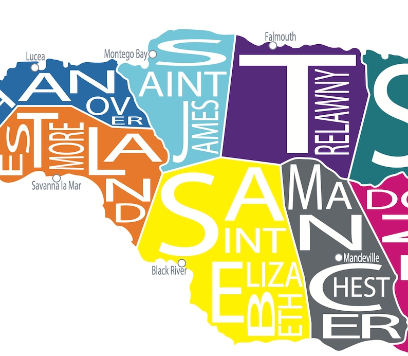 Typographic Map of Jamaica | Caribbean Island Map | Country Map Print ...