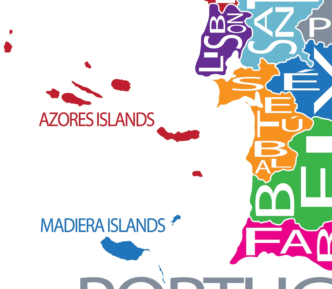 Typographic Map of Portugal With the Azores and Madeira | Etsy