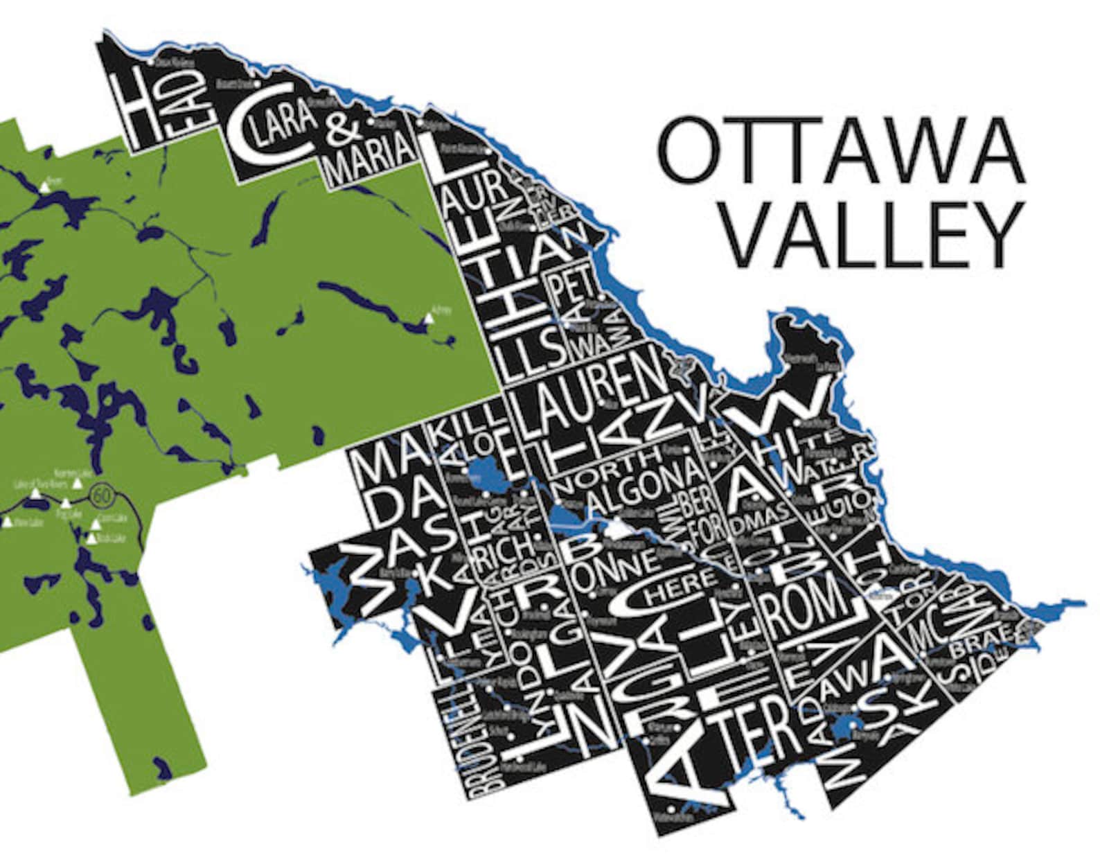 Typographic Map of Renfrew County Ottawa Valley Map - Etsy