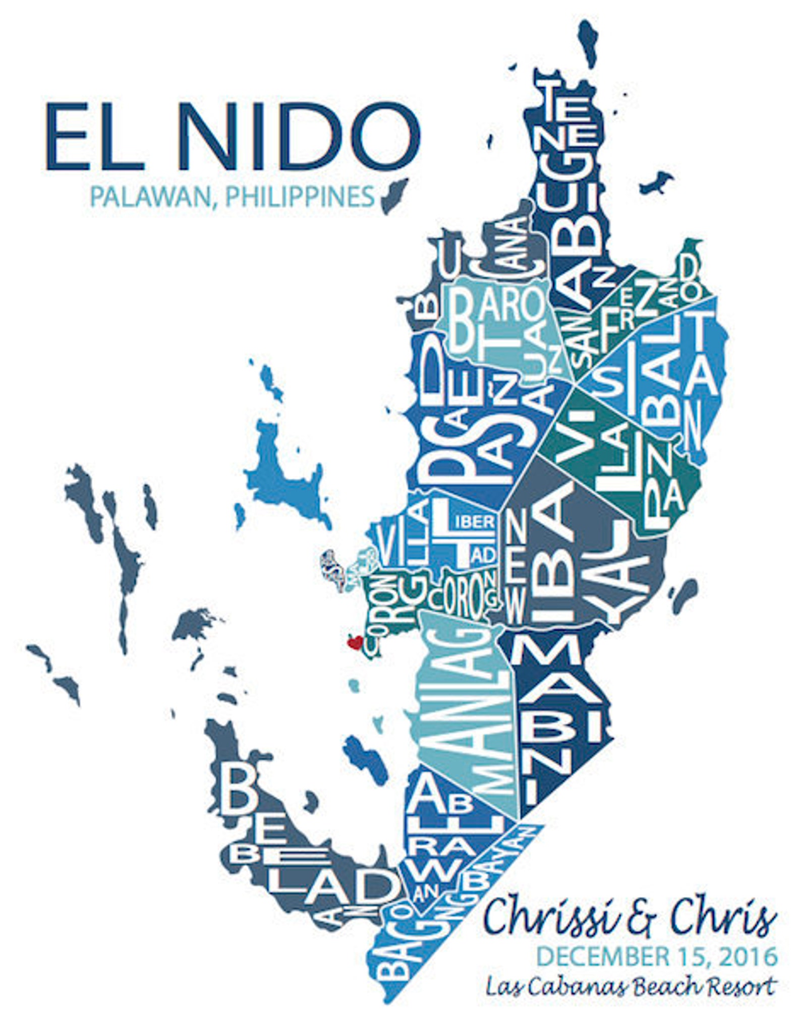Typographic Map of El Nido, Palawan Island in the Phillipines | Custom ...