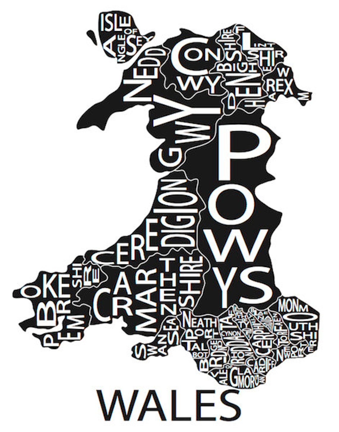 Typographic Map of Wales | European Country Map | United Kingdom Map ...
