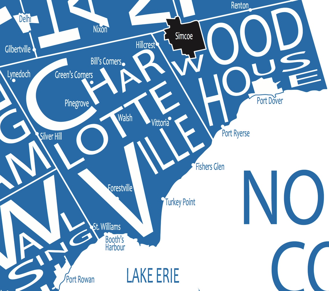 Typographic Map of Norfolk County | County Map Print | Ontario Map ...
