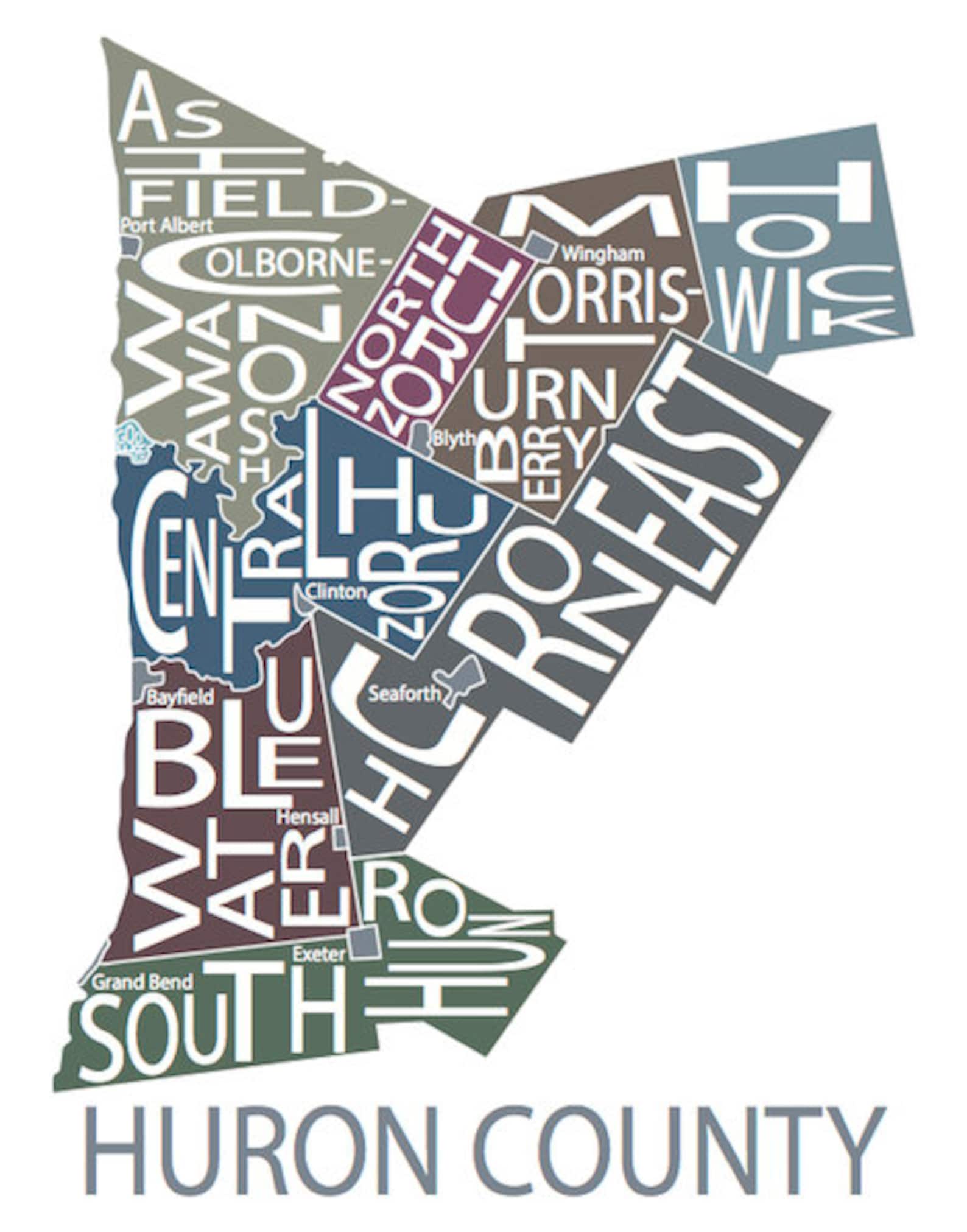 Typographic Map of Huron County Ontario | Etsy