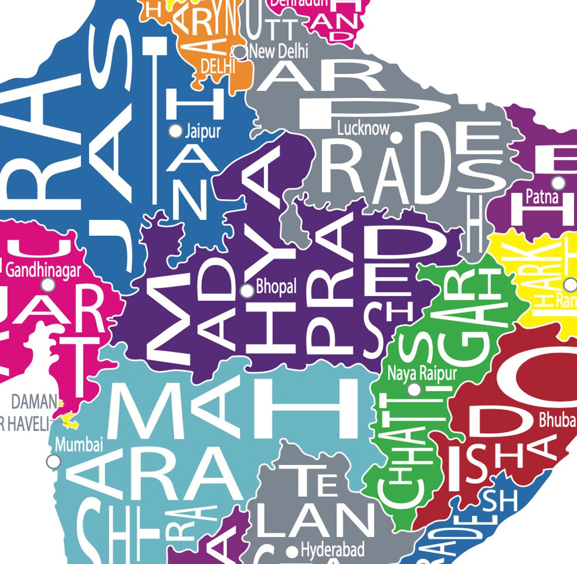 Typographic Map of India Indian States and Union Territories - Etsy