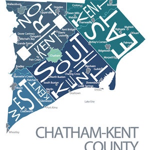 Typographic Map of Chatham-kent County, Ontario | County Map Print ...