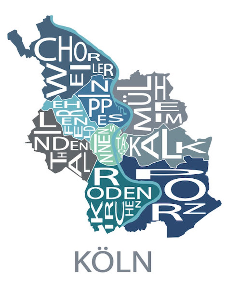 Typographic Map of Cologne | Map of Köln, Germany | German Map ...