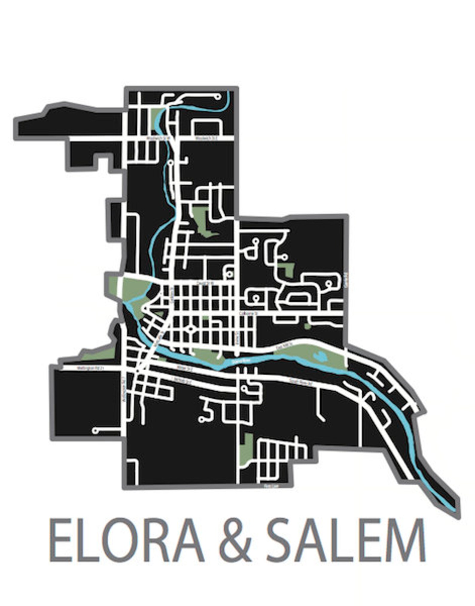 Typographic Map of Elora and Salem, Ontario Wellington County City Map ...