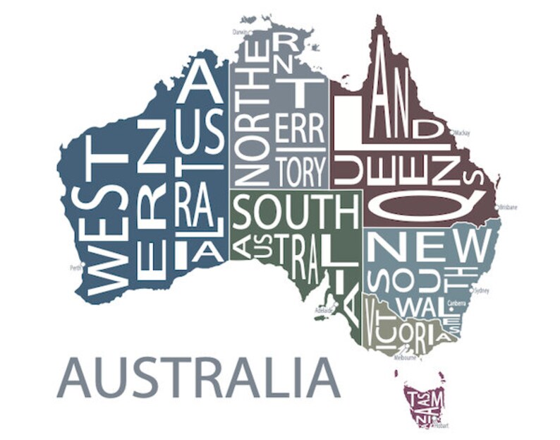 Typographic Map of Australia Aussie Regional Map With - Etsy