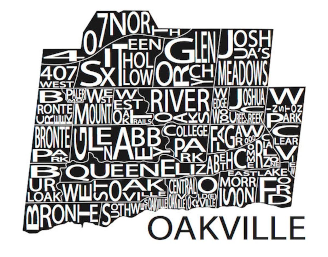 Typographic Map of Oakville Ontario City Map Neighbourhood | Etsy