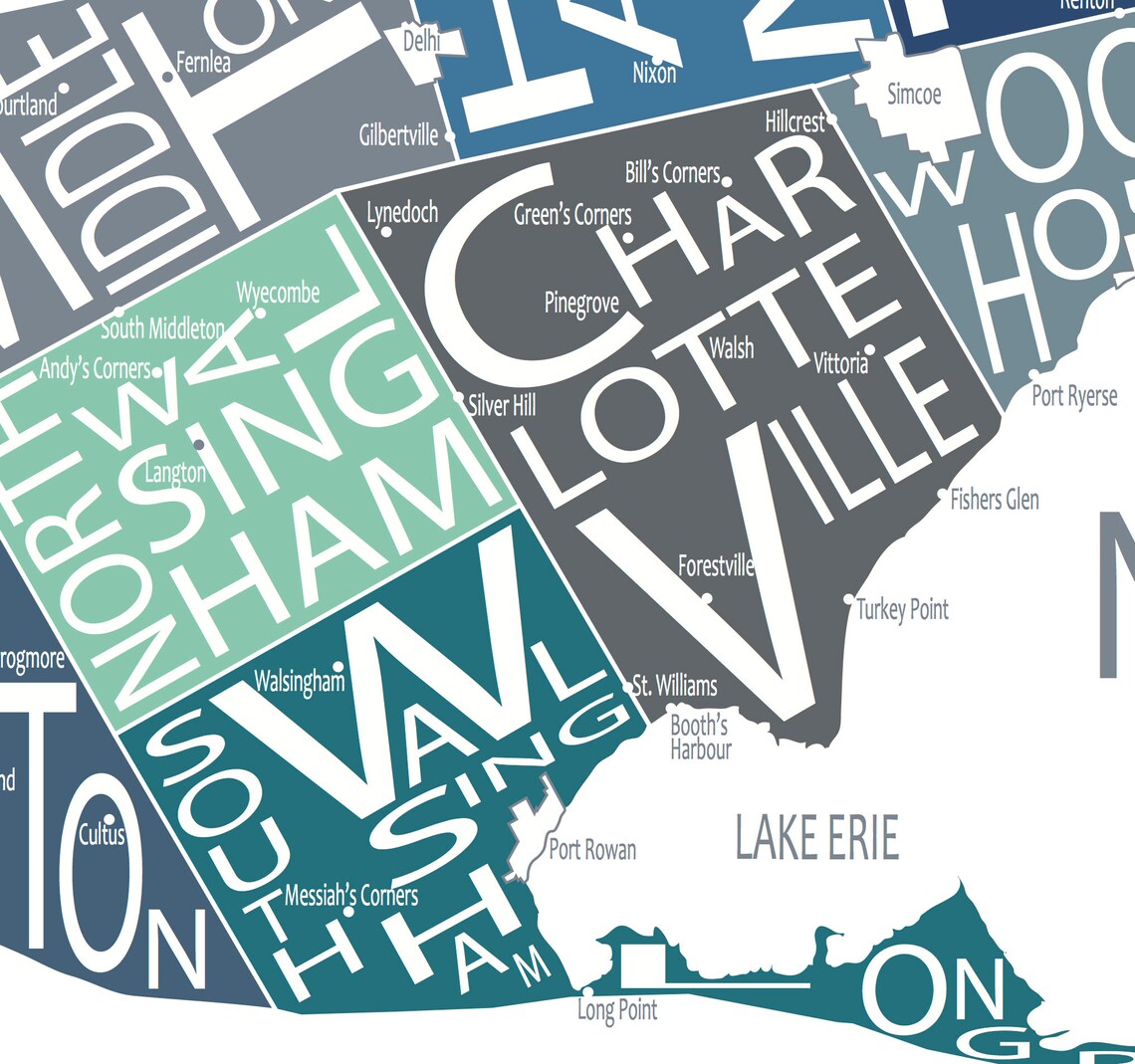 Typographic Map of Norfolk County | County Map Print | Ontario Map ...