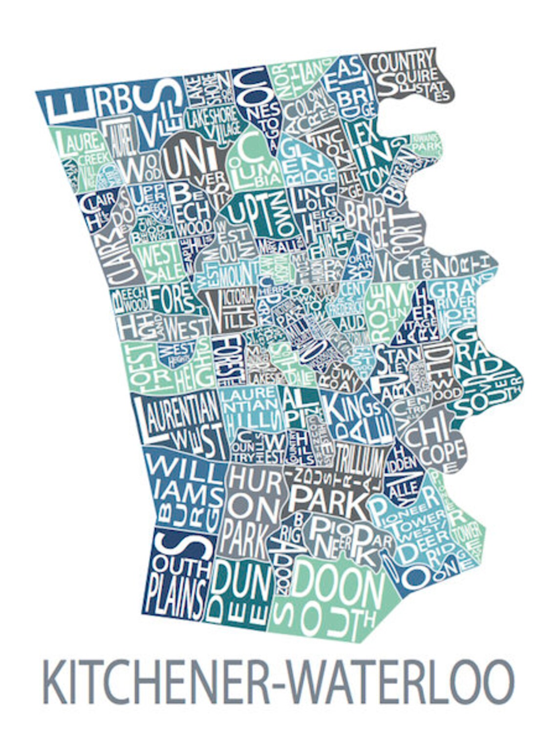 Typographic Map of Kitchener Waterloo, Ontario | KW City Map Print ...