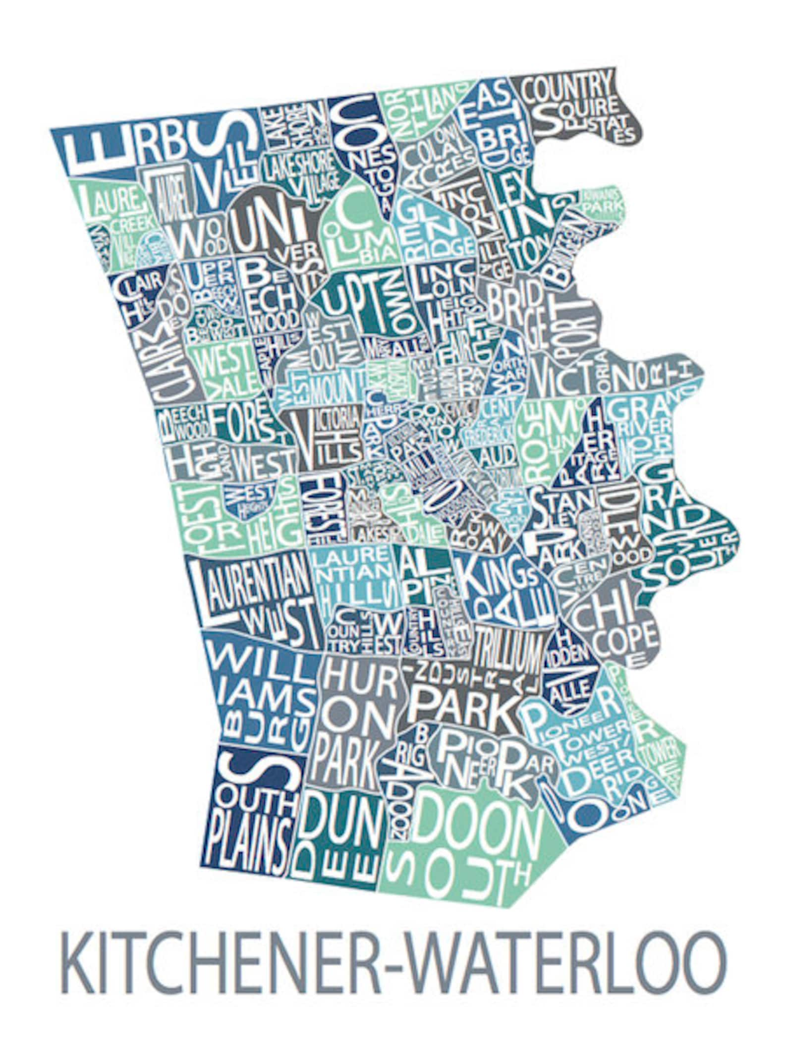 Typographic Map of Kitchener Waterloo, Ontario | KW City Map Print ...
