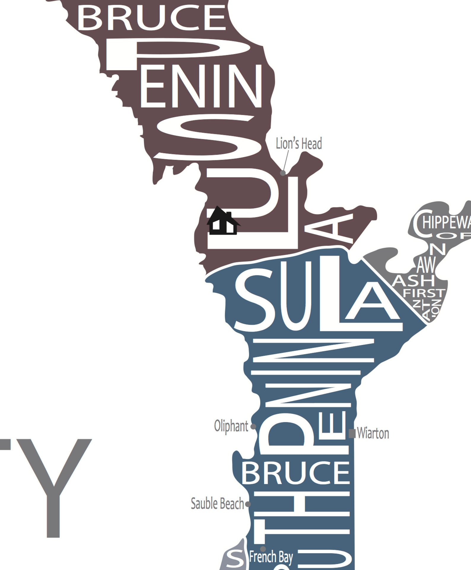 Typographic Map of Bruce County, Ontario | County Map Print | Lake ...