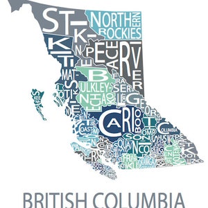 Typographic Map of British Columbia, Canada | Provincial Map | Canadian ...