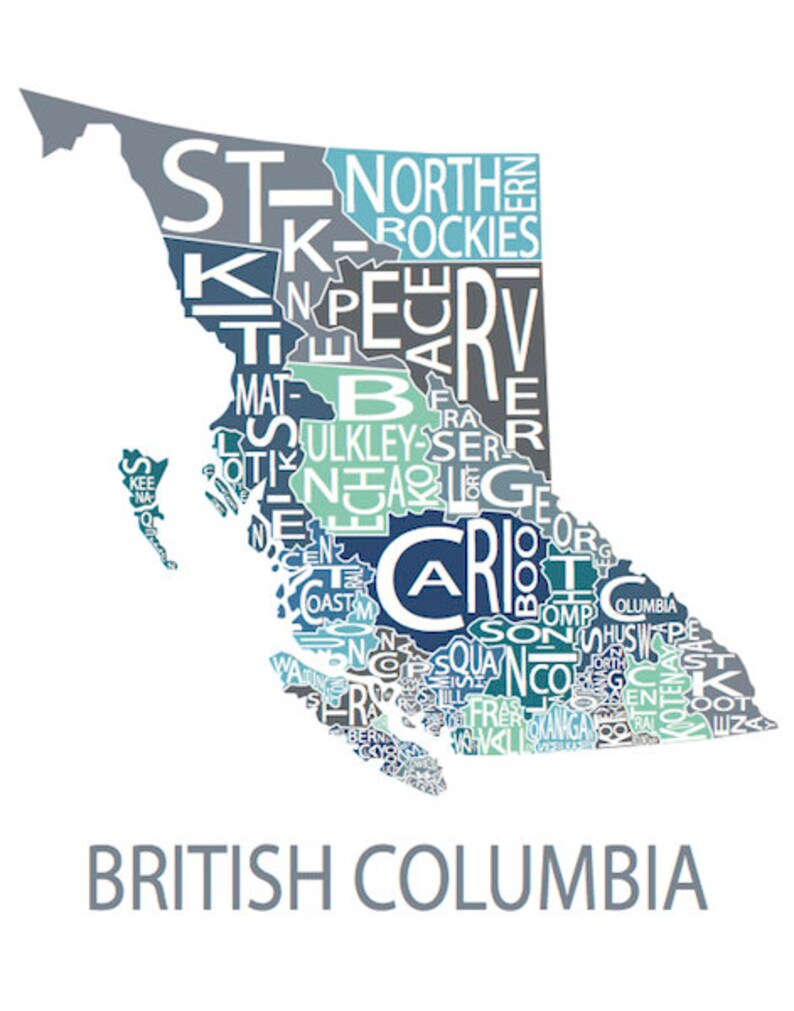 Typographic Map of British Columbia, Canada | Provincial Map | Canadian ...