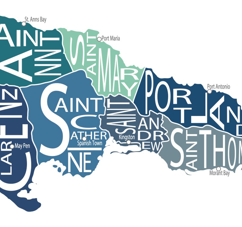 Typographic Map of Jamaica | Caribbean Island Map | Country Map Print ...