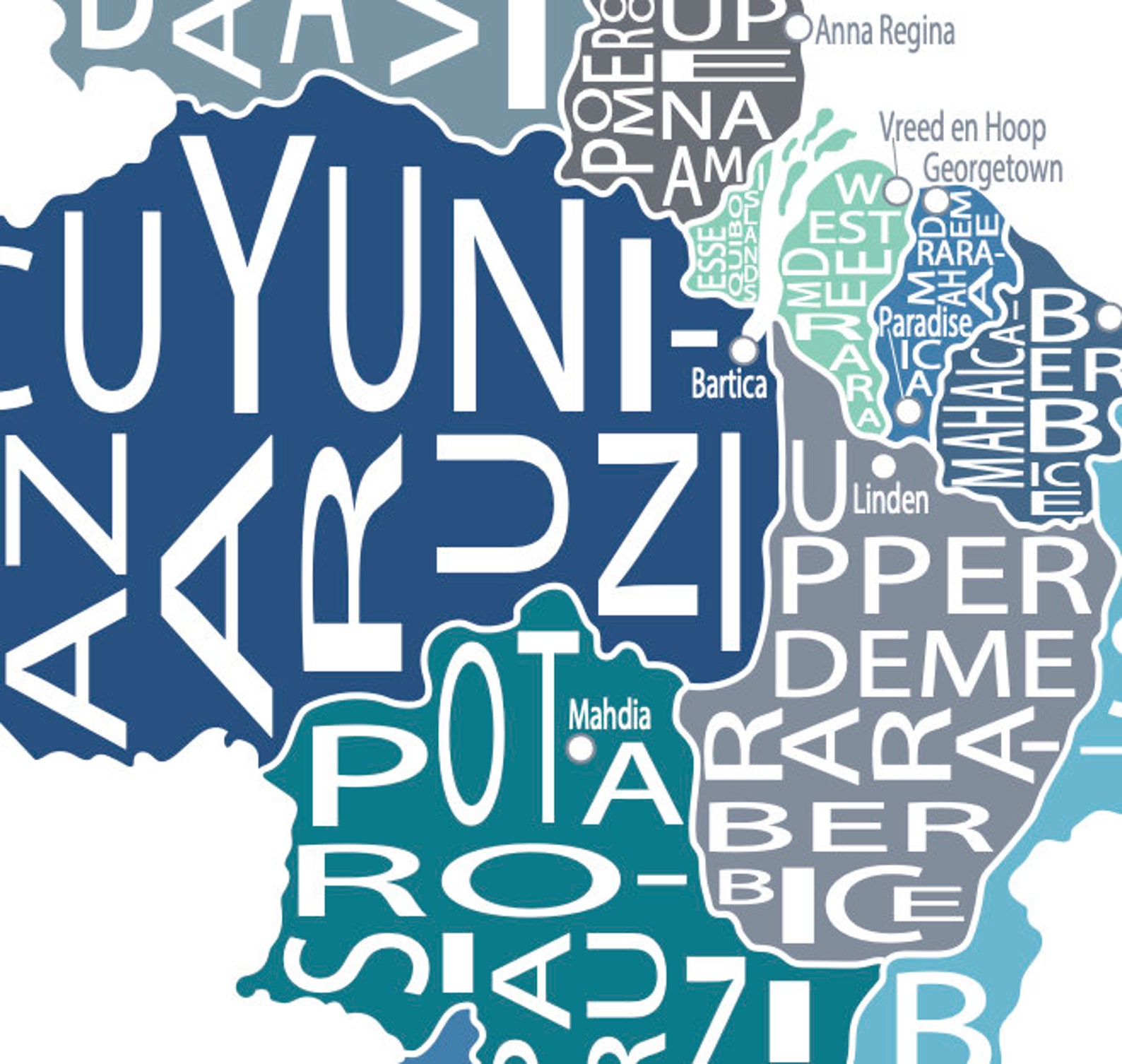Typographic Map of Guyana, South America | Guyanese Regional Map ...