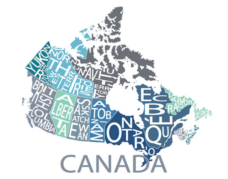 Typographic Map of Canada Country Map Print Canadian Map | Etsy