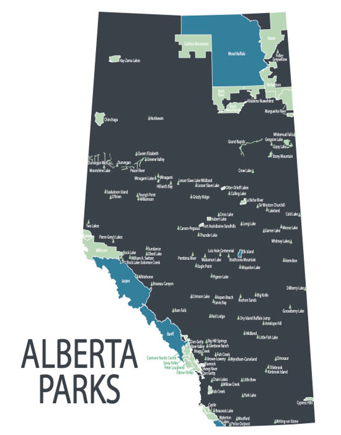 Typographic Map of Parks in Alberta Alberta Parks Map - Etsy