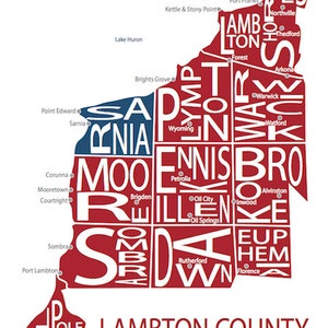 Typographic Map of Lambton County | County Map Print | Ontario Map ...