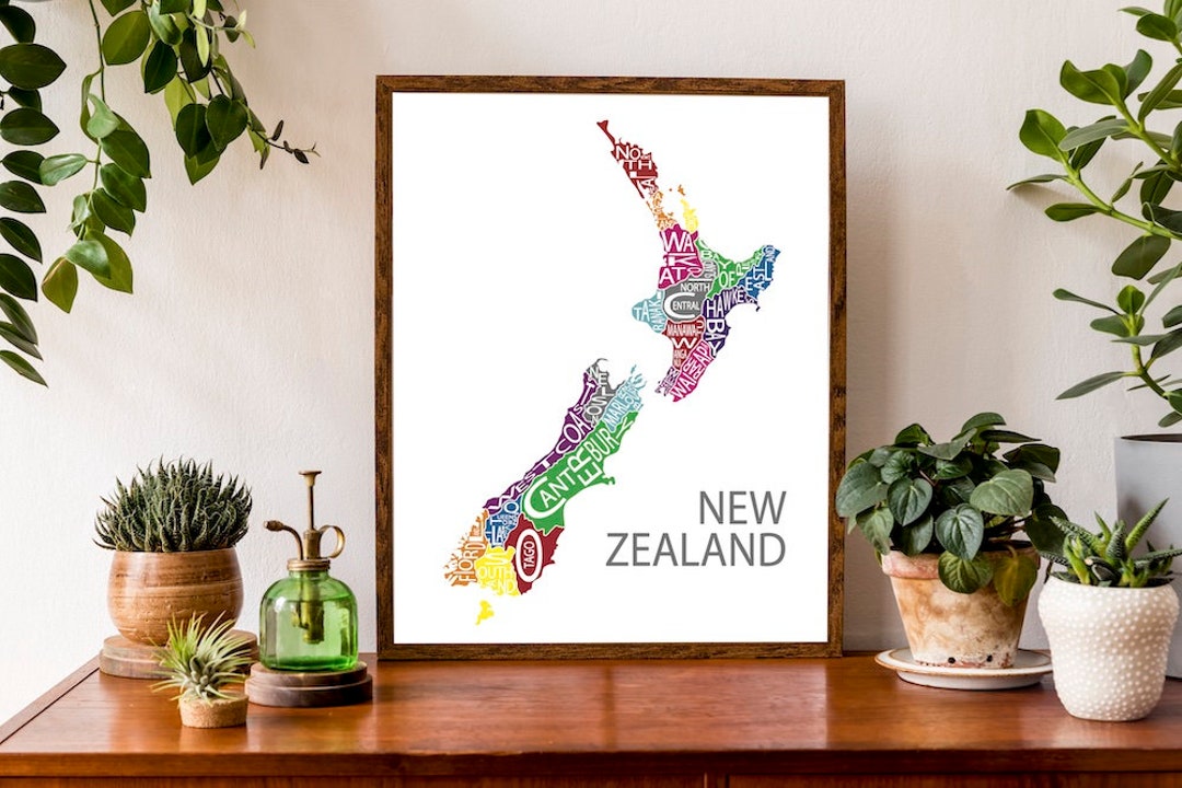 Typographic Map of New Zealand | Kiwi Map | Country Map Print | Custom ...