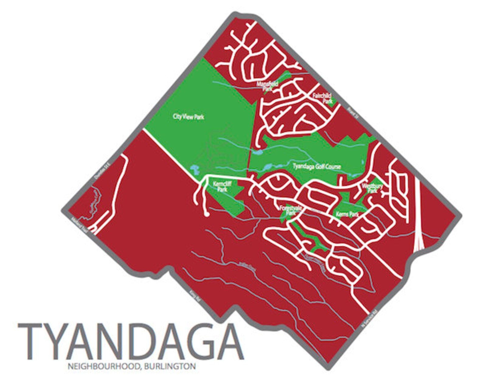 Typographic Map of Tyandaga Neighbourhood in Burlington | Etsy