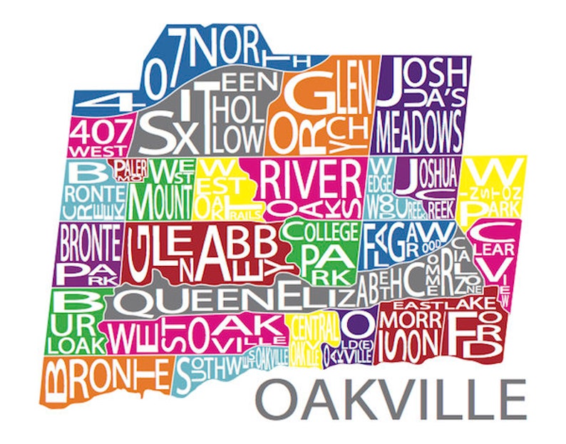 Typographic Map of Oakville Ontario City Map Neighbourhood - Etsy
