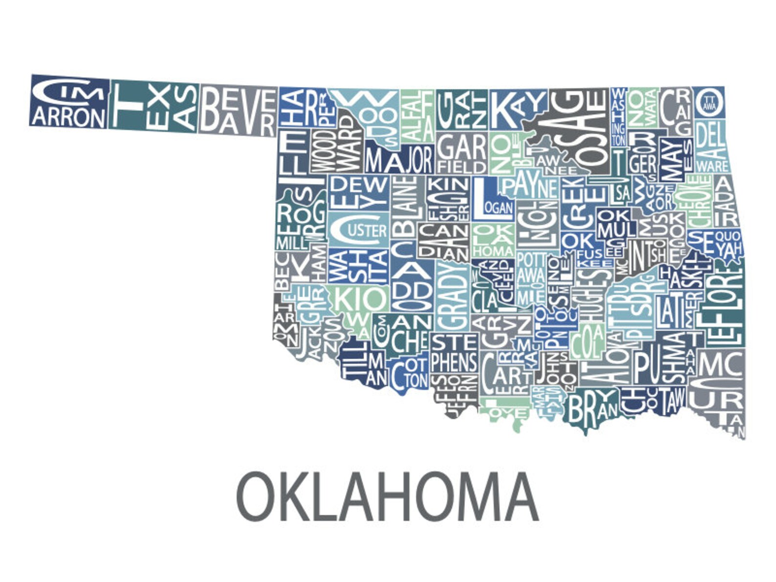 Typographic Map of Oklahoma | USA State Map | OK Counties Map | United ...