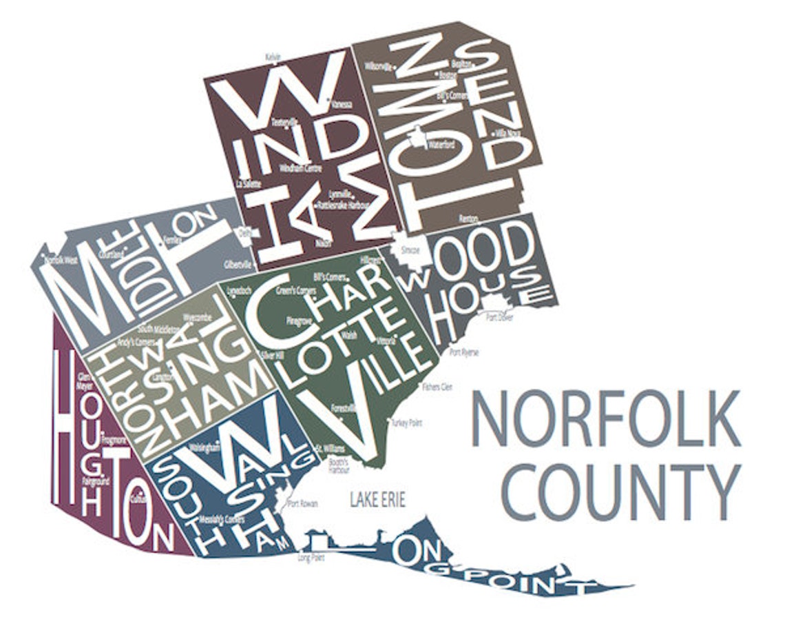 Typographic Map of Norfolk County | County Map Print | Ontario Map ...