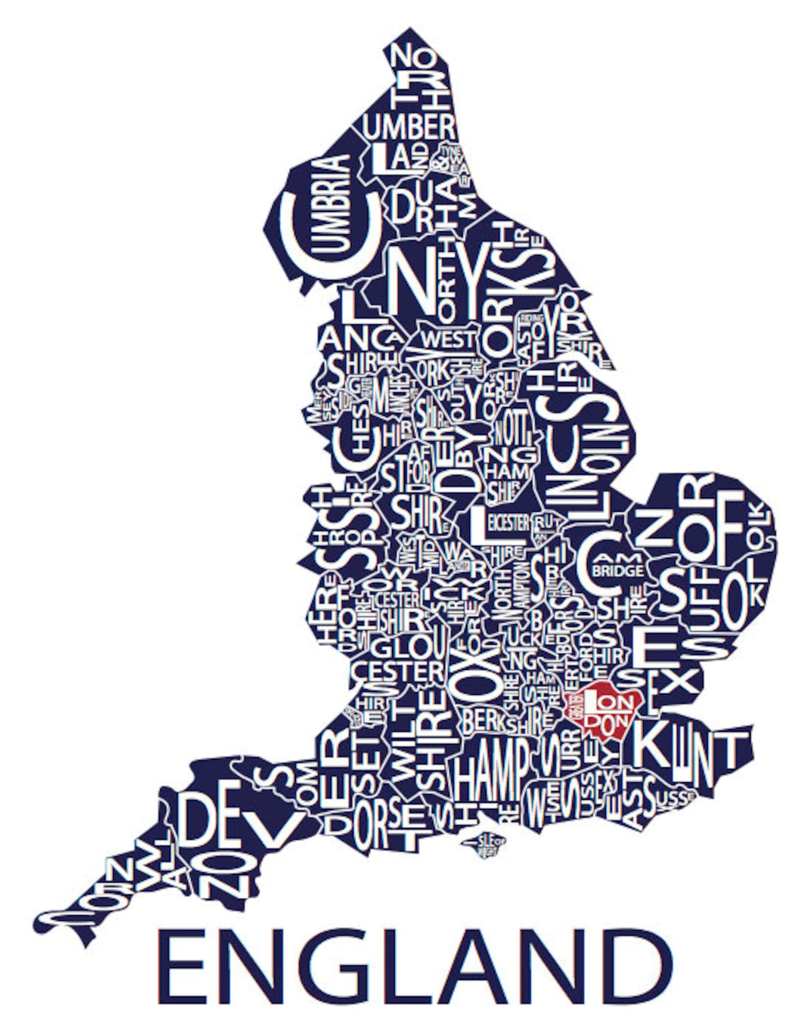 Typographic Map of England Shire or County Map European | Etsy