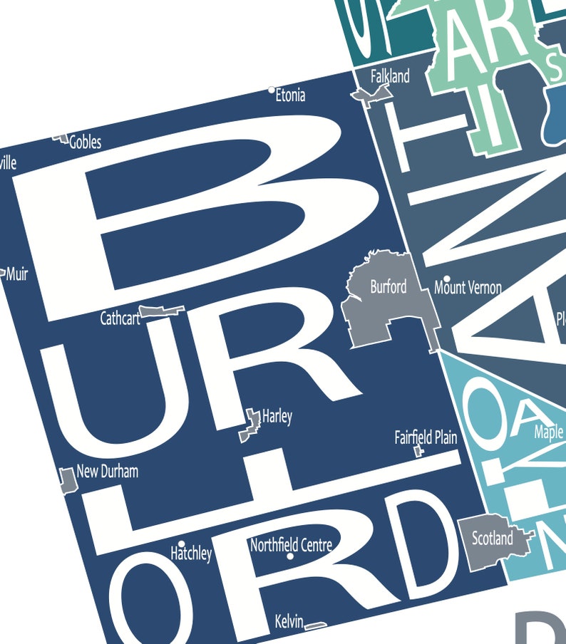 Typographic Map of Brant County County Map Print Ontario - Etsy