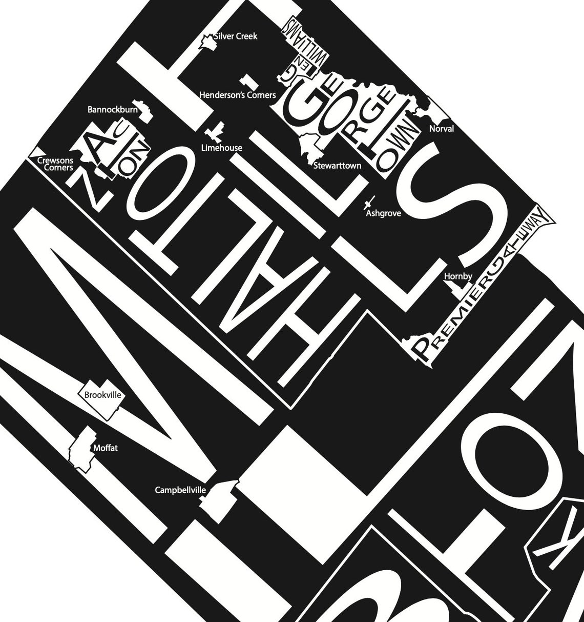 Typographic Map of Halton Region, Ontario | Burlington, Halton Hills ...