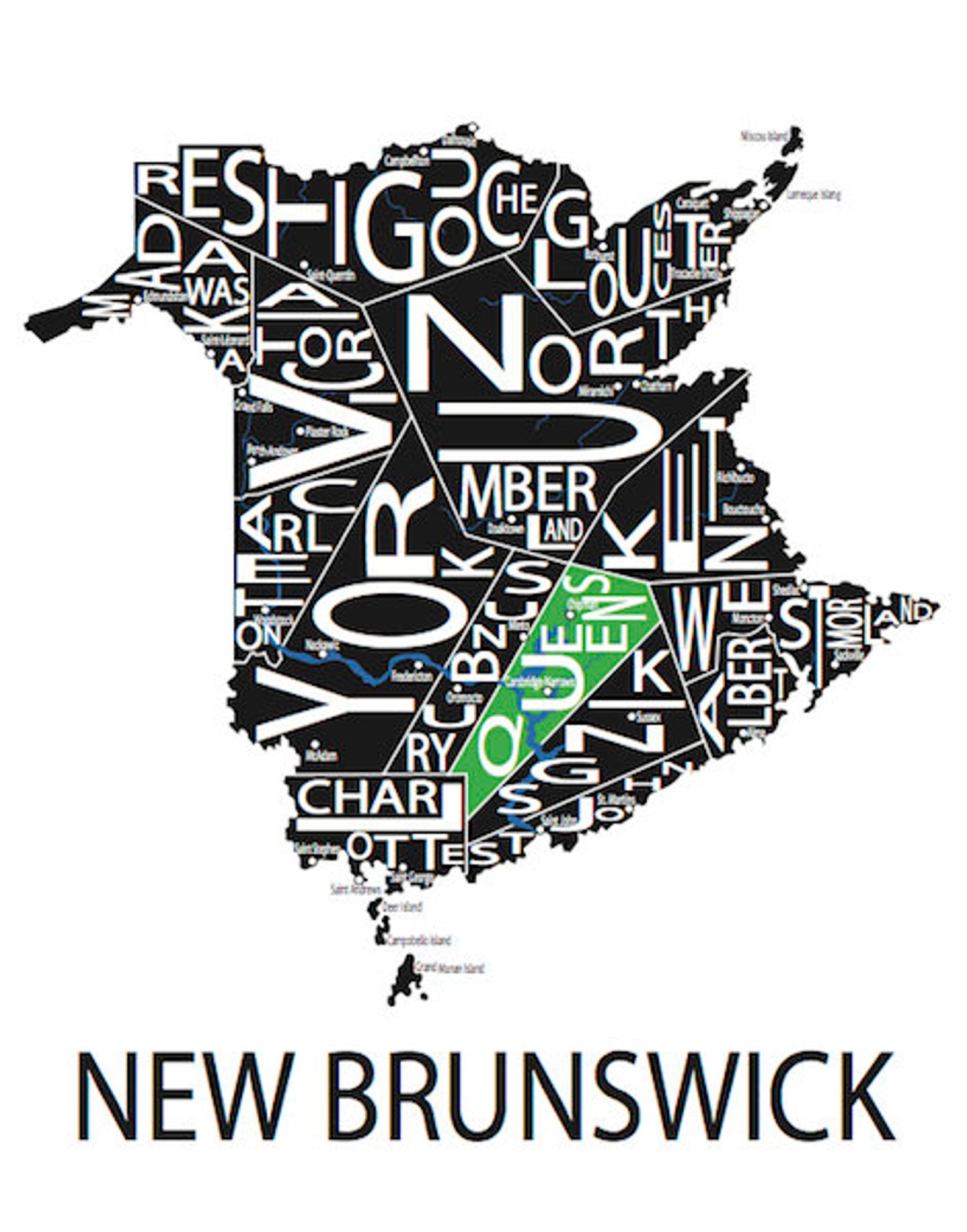 Typographic Map of New Brunswick, Canada | Provincial Map | Canadian ...
