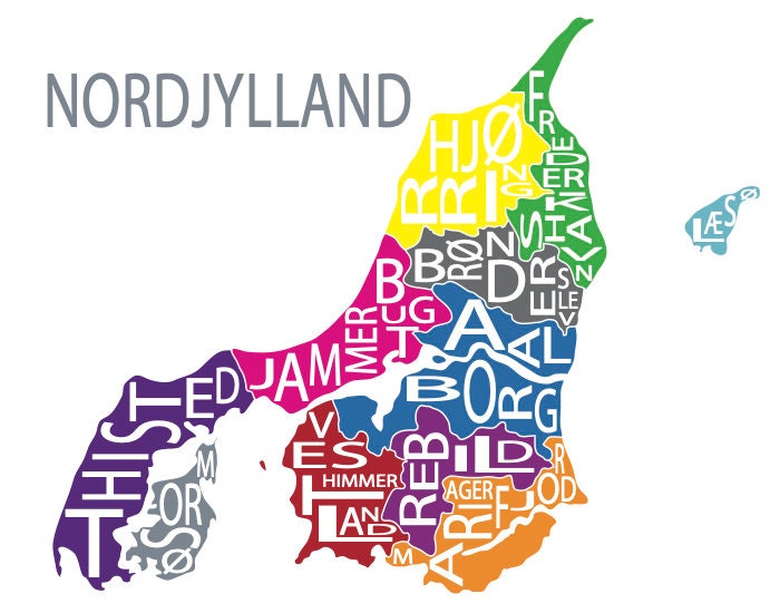 Typographic Map of Nordjylland | North Jutland Region in Denmark ...