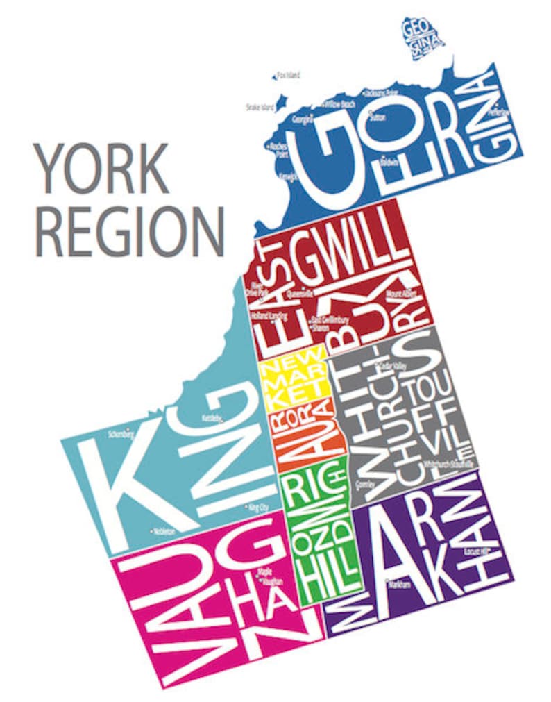 Typographic Map of York Region Ontario Markham Newmarket - Etsy