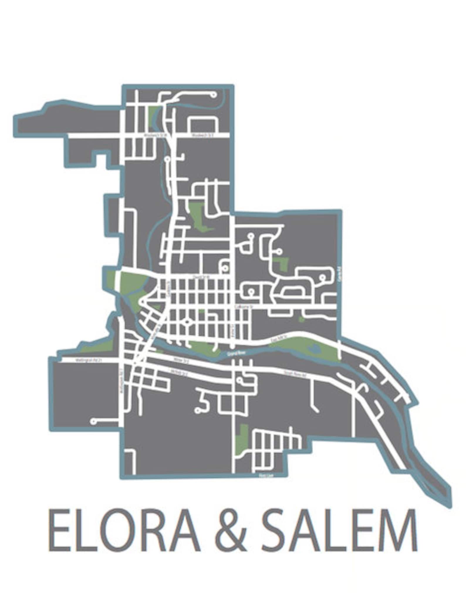 Typographic Map of Elora and Salem, Ontario Wellington County City Map ...