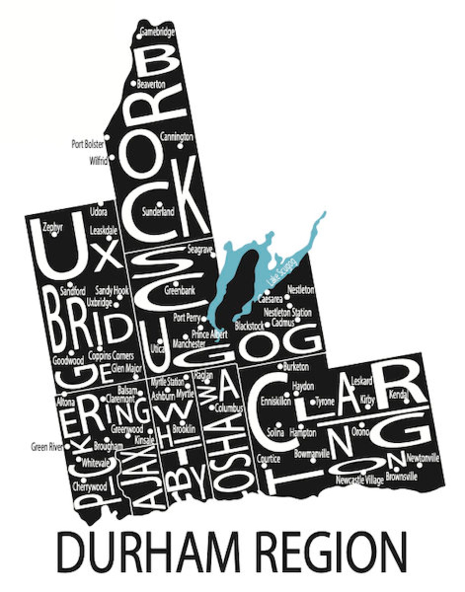Typographic Map of Durham Region, Ontario | Ajax, Clarington, Oshawa ...