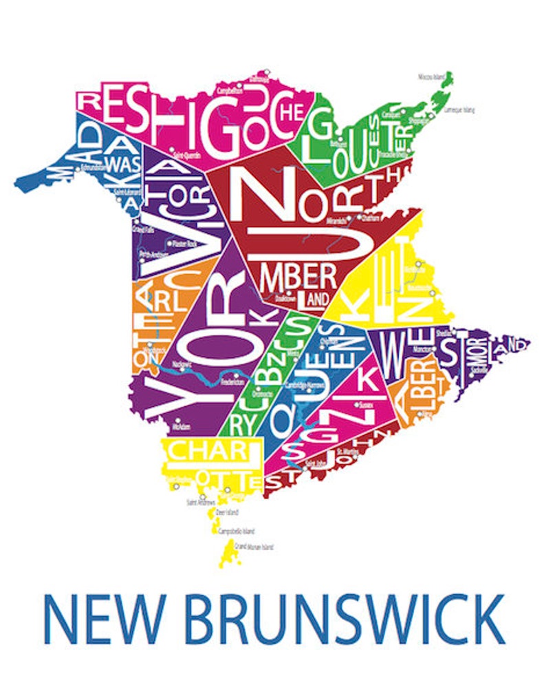 Typographic Map of New Brunswick Canada Provincial Map | Etsy