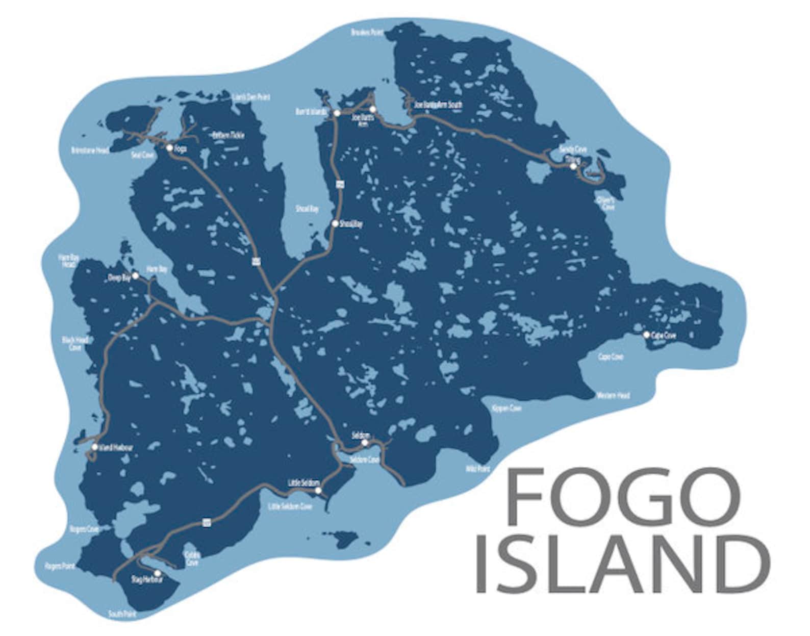 Typographic Map of Fogo Island Newfoundland Atlantic Ocean - Etsy Canada