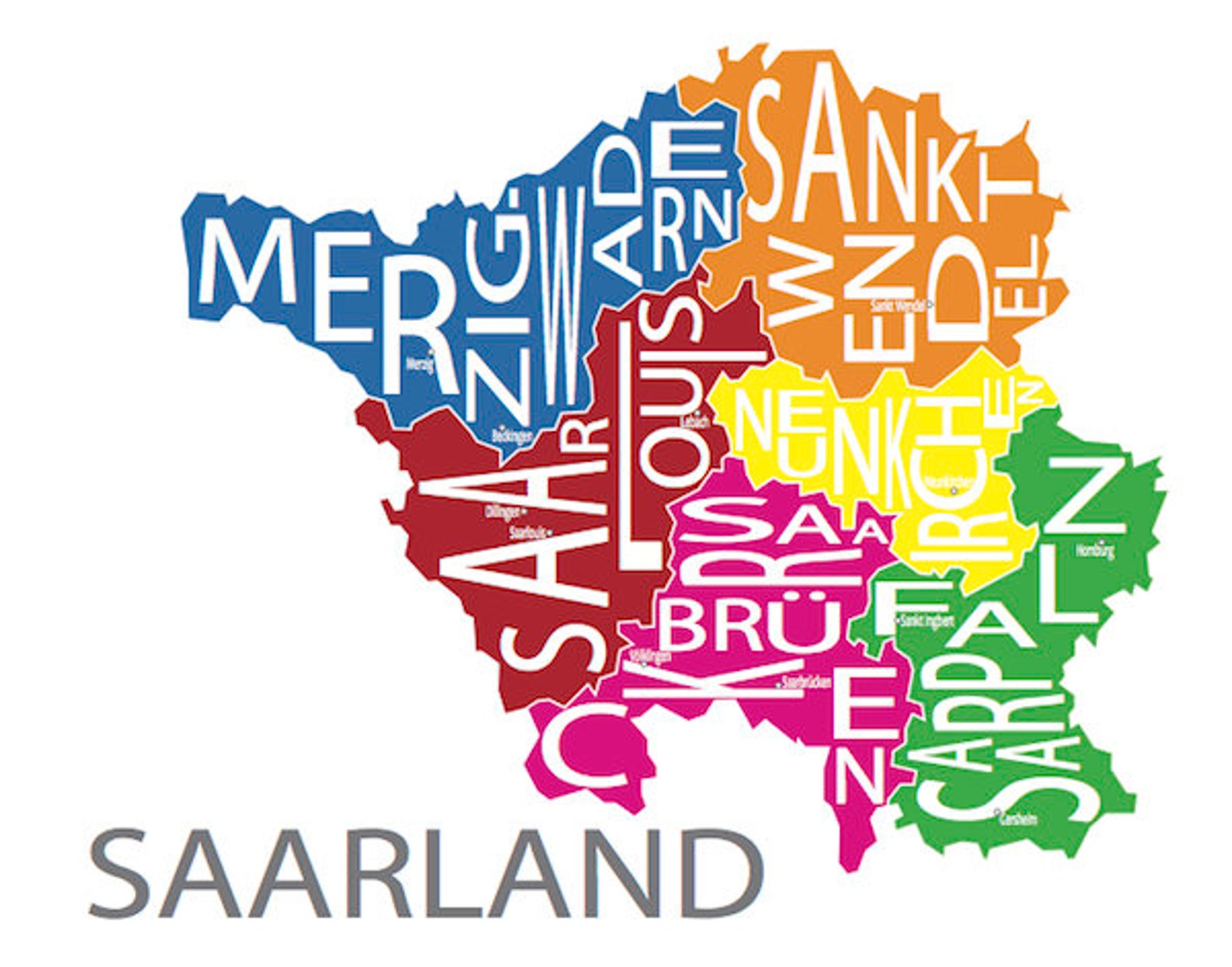 Typographic Map of Saarland, Germany | German State Map | European Map ...