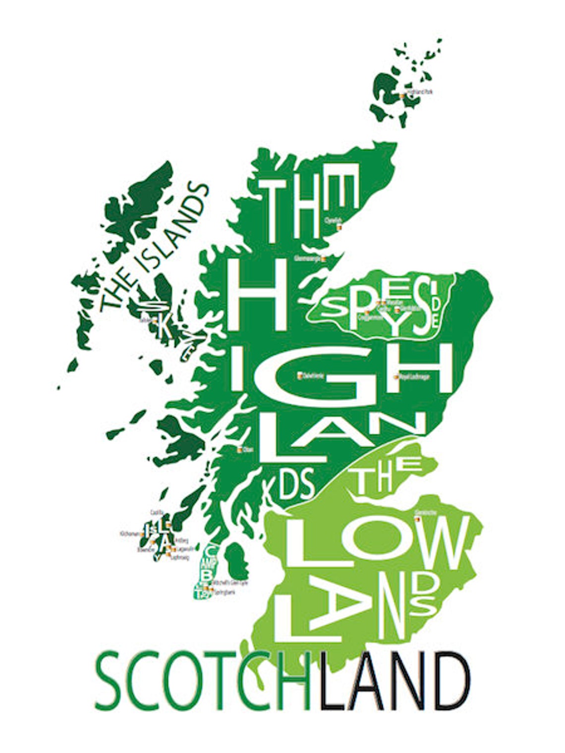 Typographic Map of the Scotch Regions and Distilleries of - Etsy